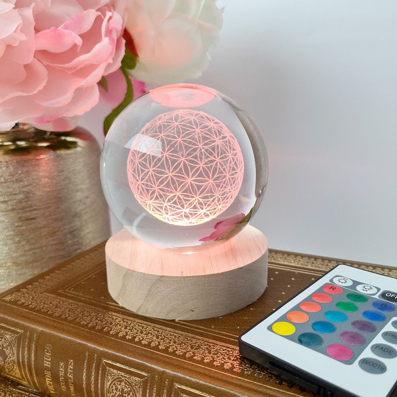 8 cm Flower of Life crystal ball, 16 LED colors